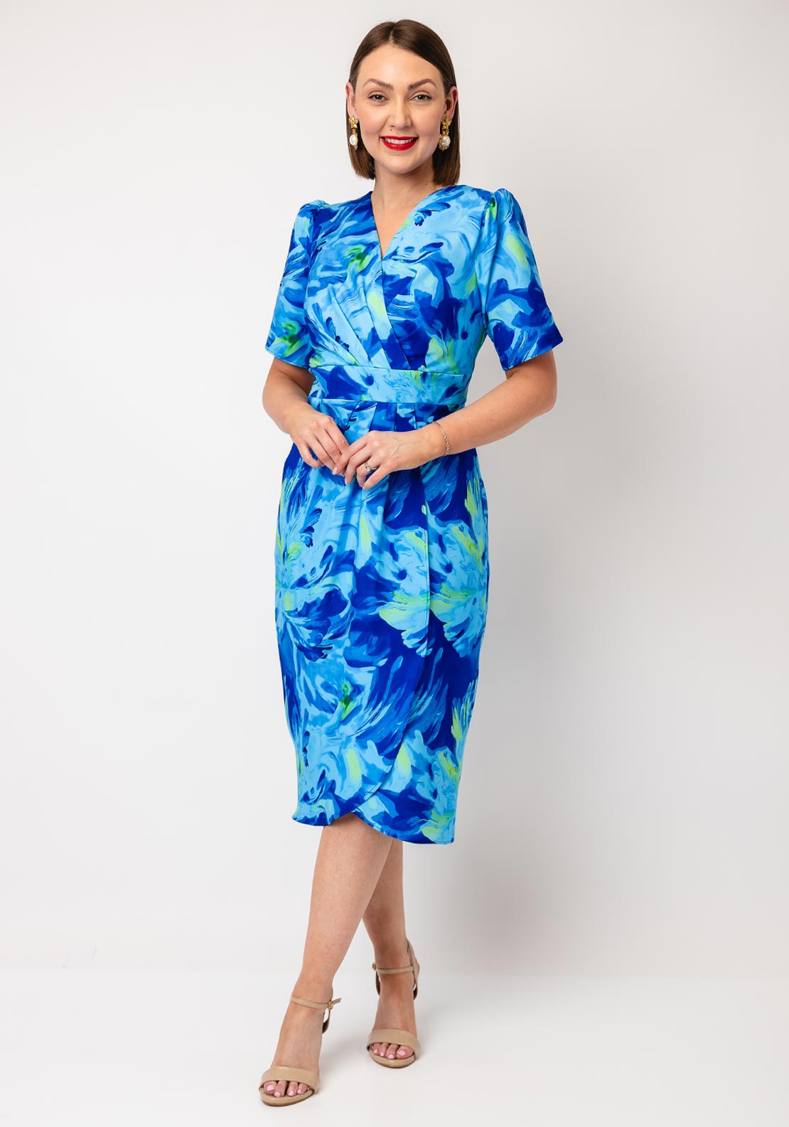 Coco Doll Toya Floral Print Wrap Midi Dress, Blue - McElhinneys