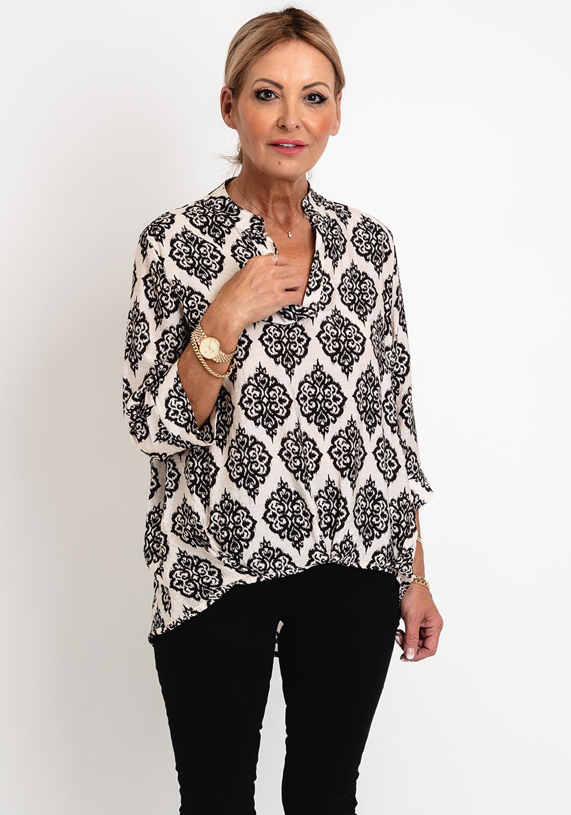 D.E.C.K By Decollage Ornate Print Tunic Top, Black - McElhinneys