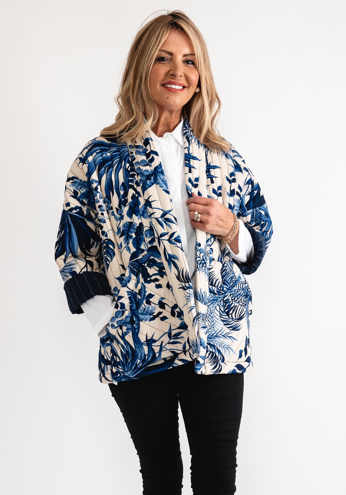 D.e.c.k by Decollage Tropical Print Quilted Jacket, Navy - McElhinneys
