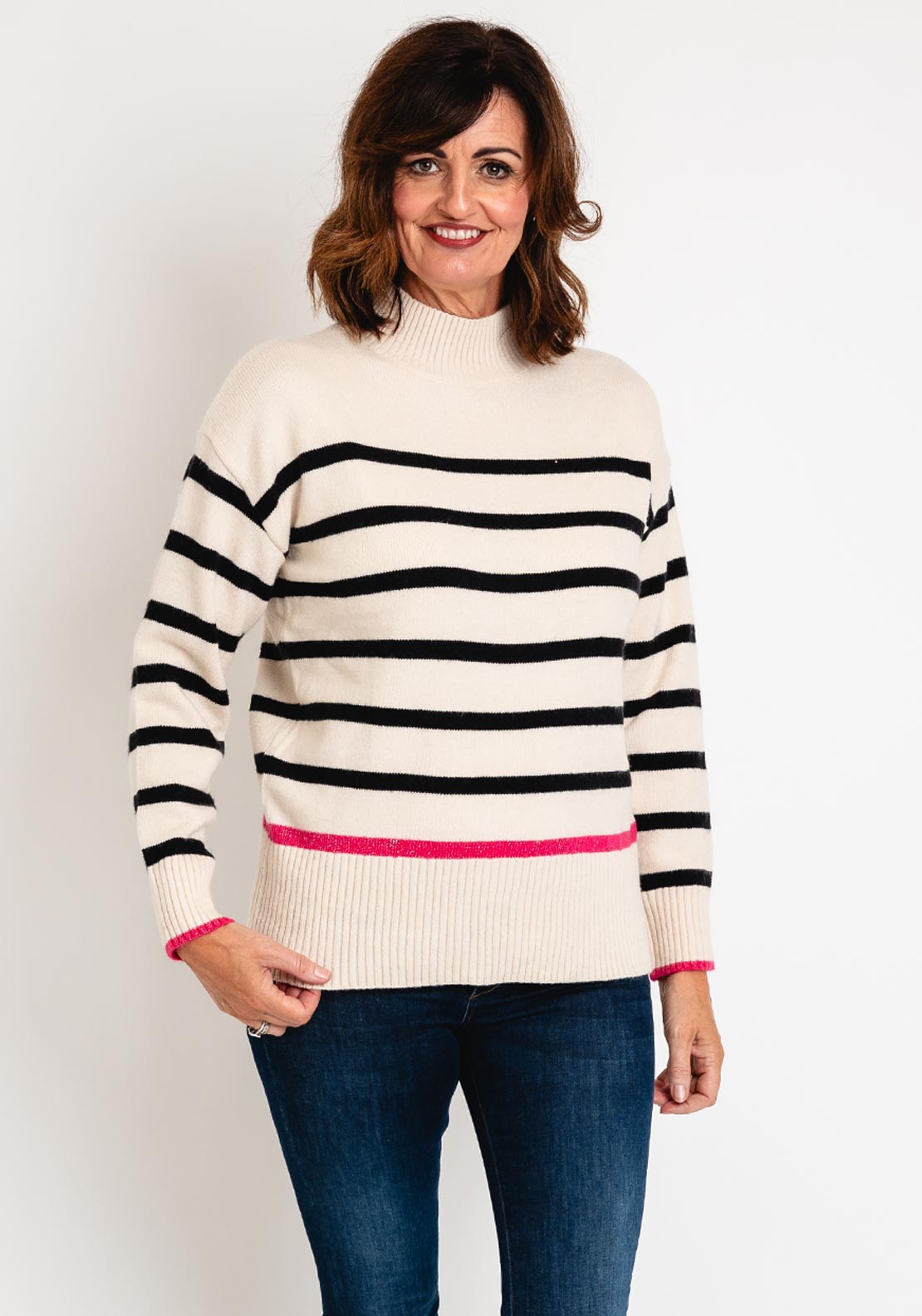 D.e.c.k by Decollage One Size High Neck Striped Sweater, Cream ...
