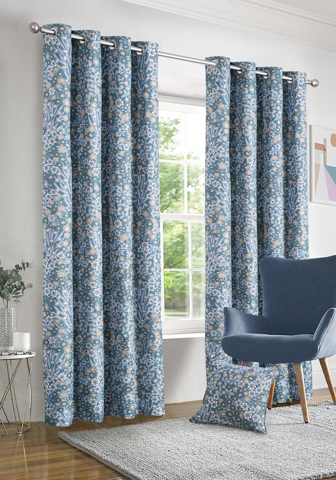 EA Design Valencia Interlined 90”x 90” Eyelet Curtains, Blue - McElhinneys