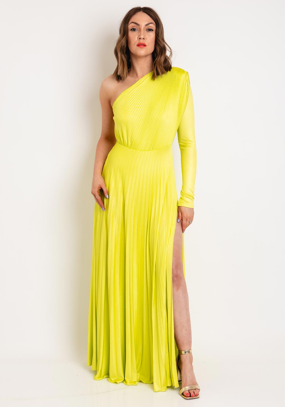 EDAS Jelsina One Shoulder Pleated Floor Length Dress, Lime - McElhinneys