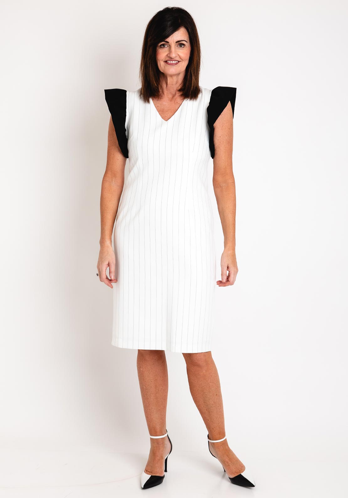 Ella Boo Pinstripe Pencil Midi Dress, White - McElhinneys