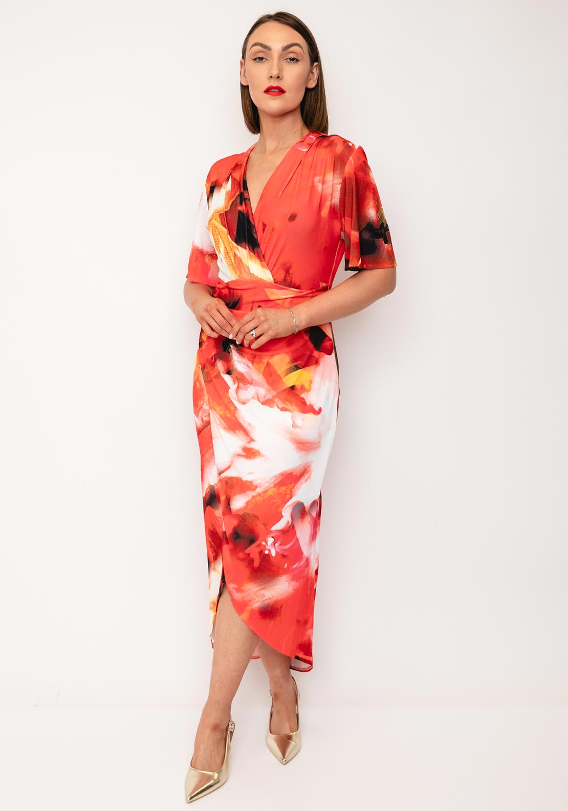 Ella Boo Printed Ruched Wrap Midi Dress, Red - McElhinneys