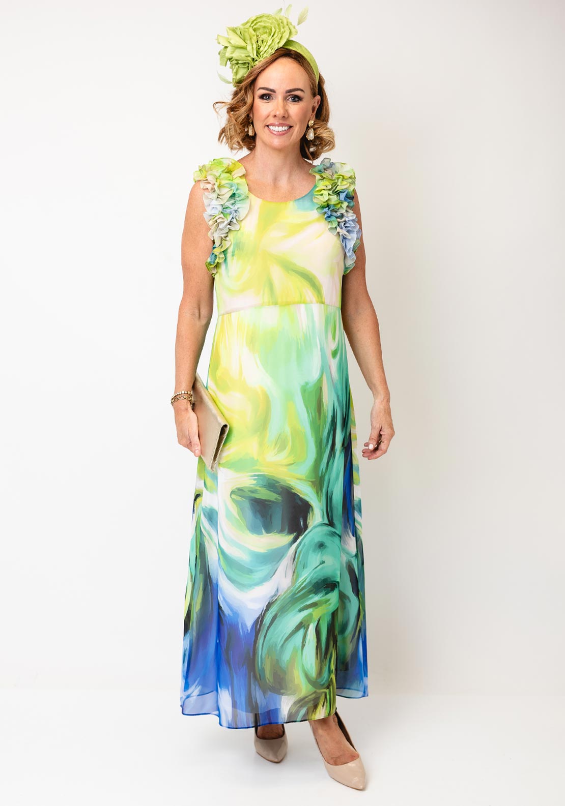 Ella Boo Ruffle Detail Printed Long Aline Dress, Lime Green - McElhinneys