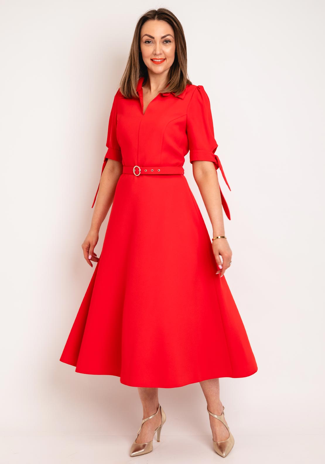 Ella Boo Collar Belted Fit and Flare Dress, Red - McElhinneys