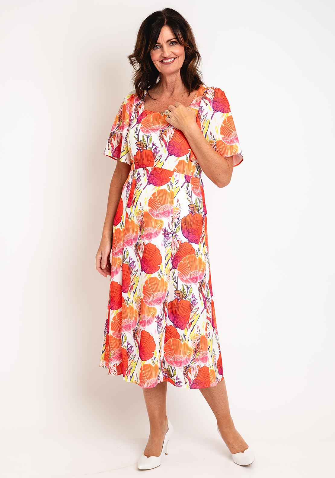 Ella Boo Square Neck Floral Midi Dress, Orange Multi - McElhinneys