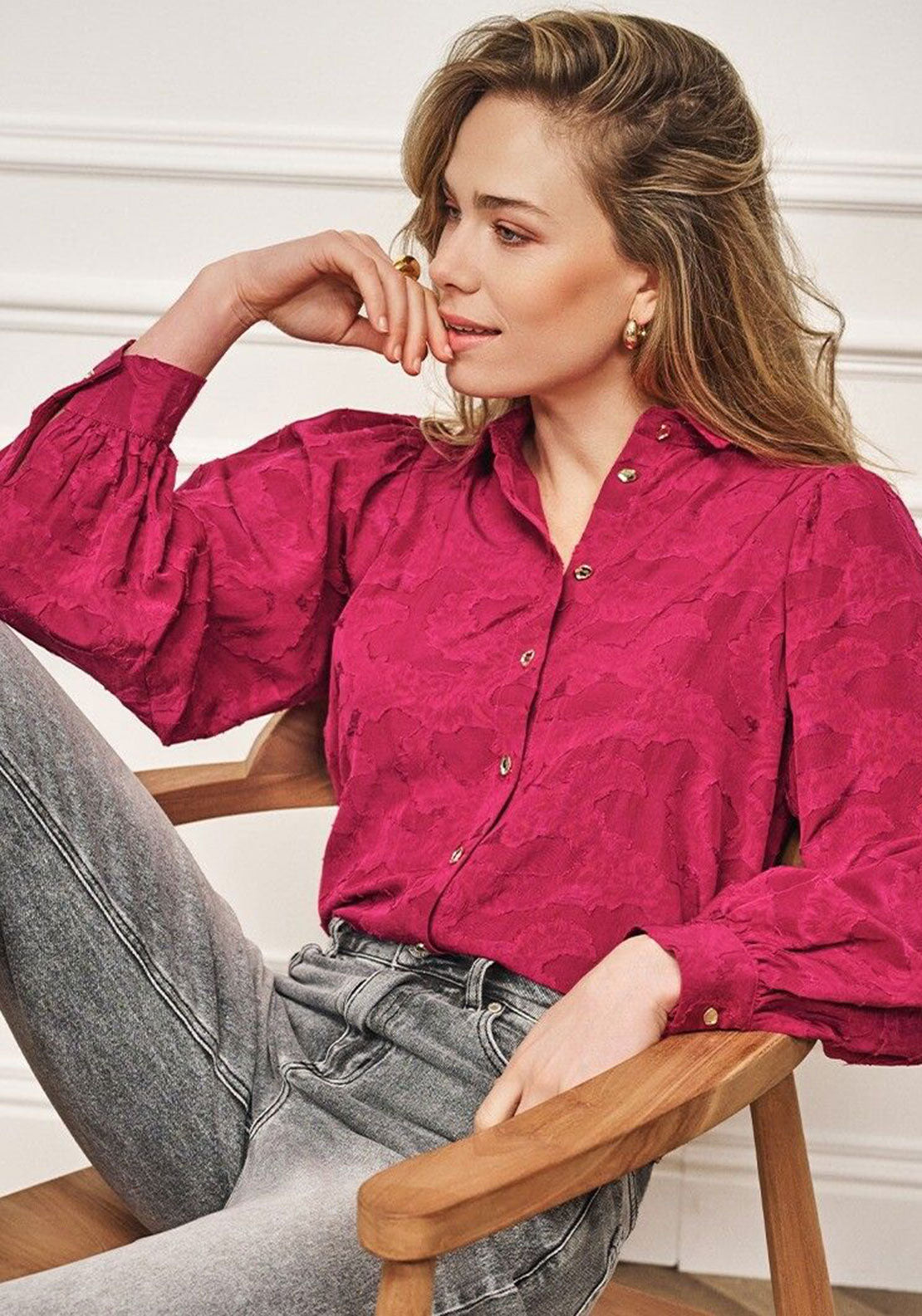 Esqualo Jacquard Flower Blouse, Pink - McElhinneys