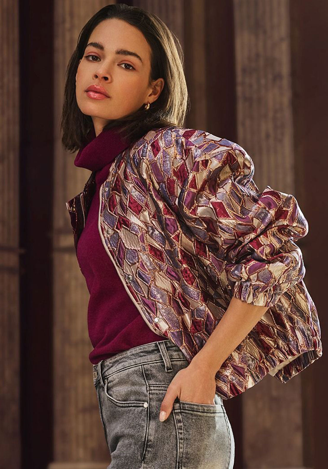 Esqualo Metallic Mosaic Bomber Jacket, Purple Multi - McElhinneys