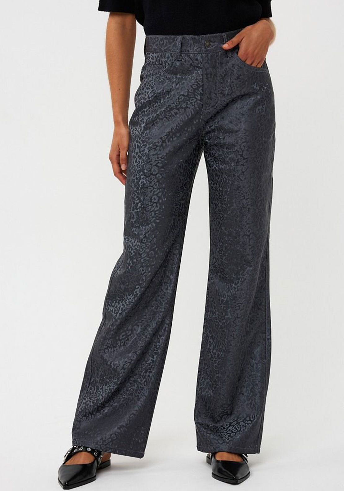 Esqualo Leopard Faux Leather Wide Leg Trouser, Grey - McElhinneys