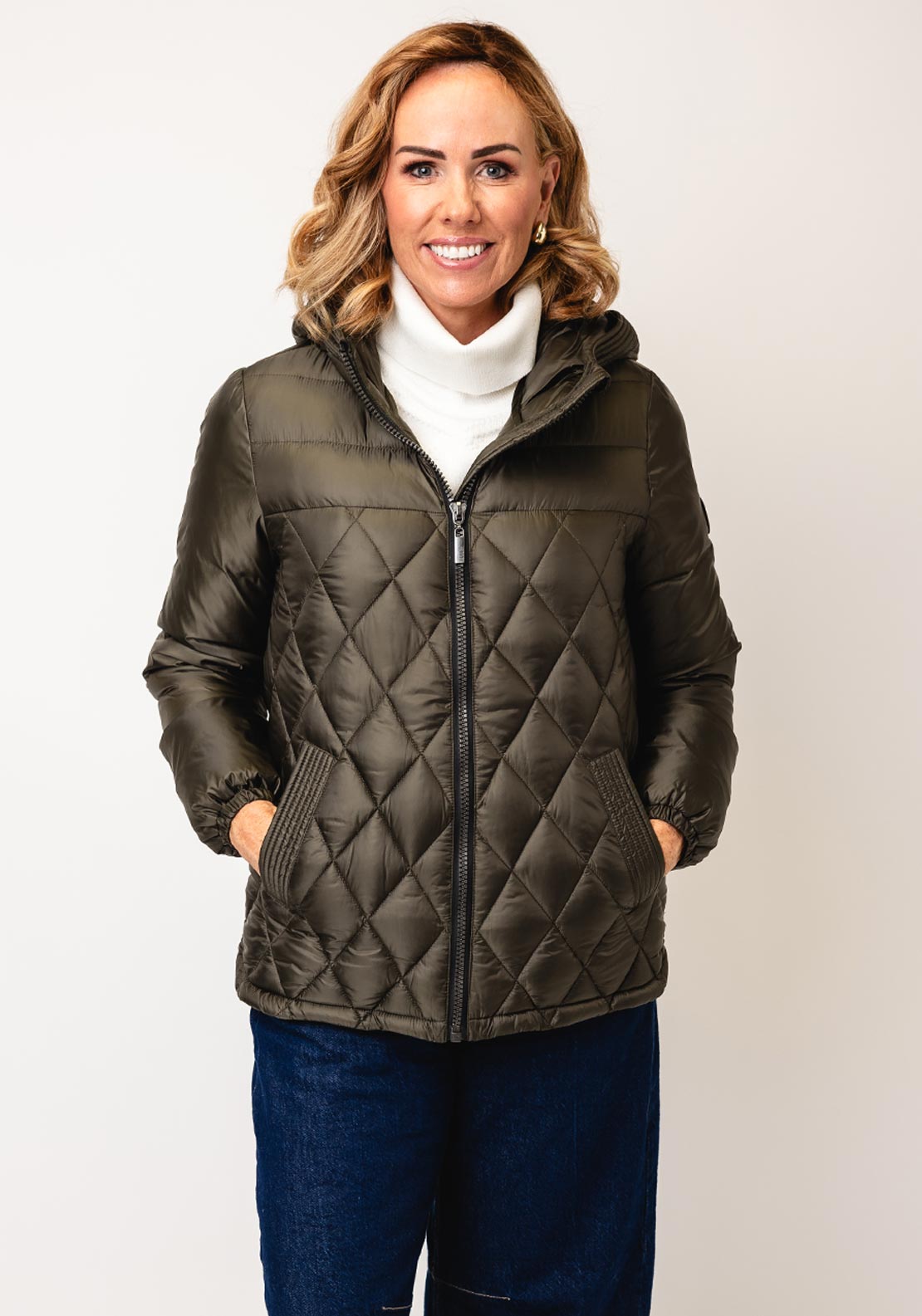 Etage Down Mix Quilted Hooded Jacket, Green - McElhinneys