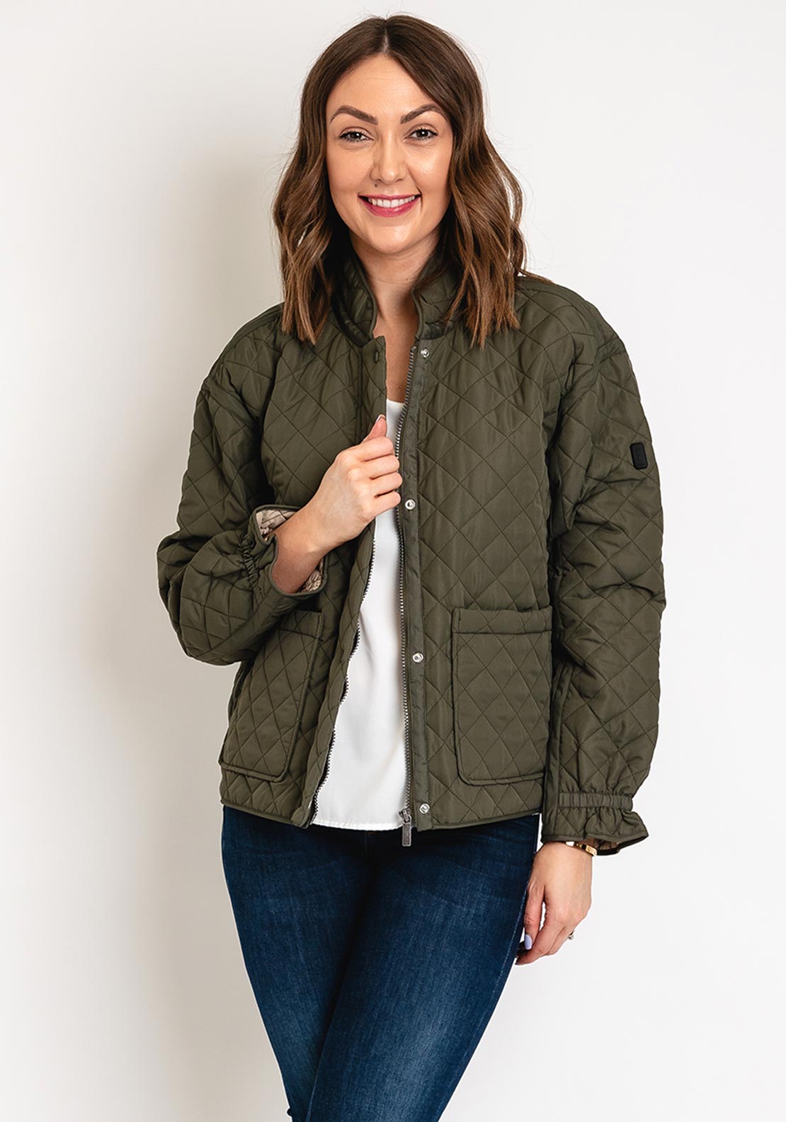 Etage Diamond Quilted Short Jacket, Army Green - McElhinneys