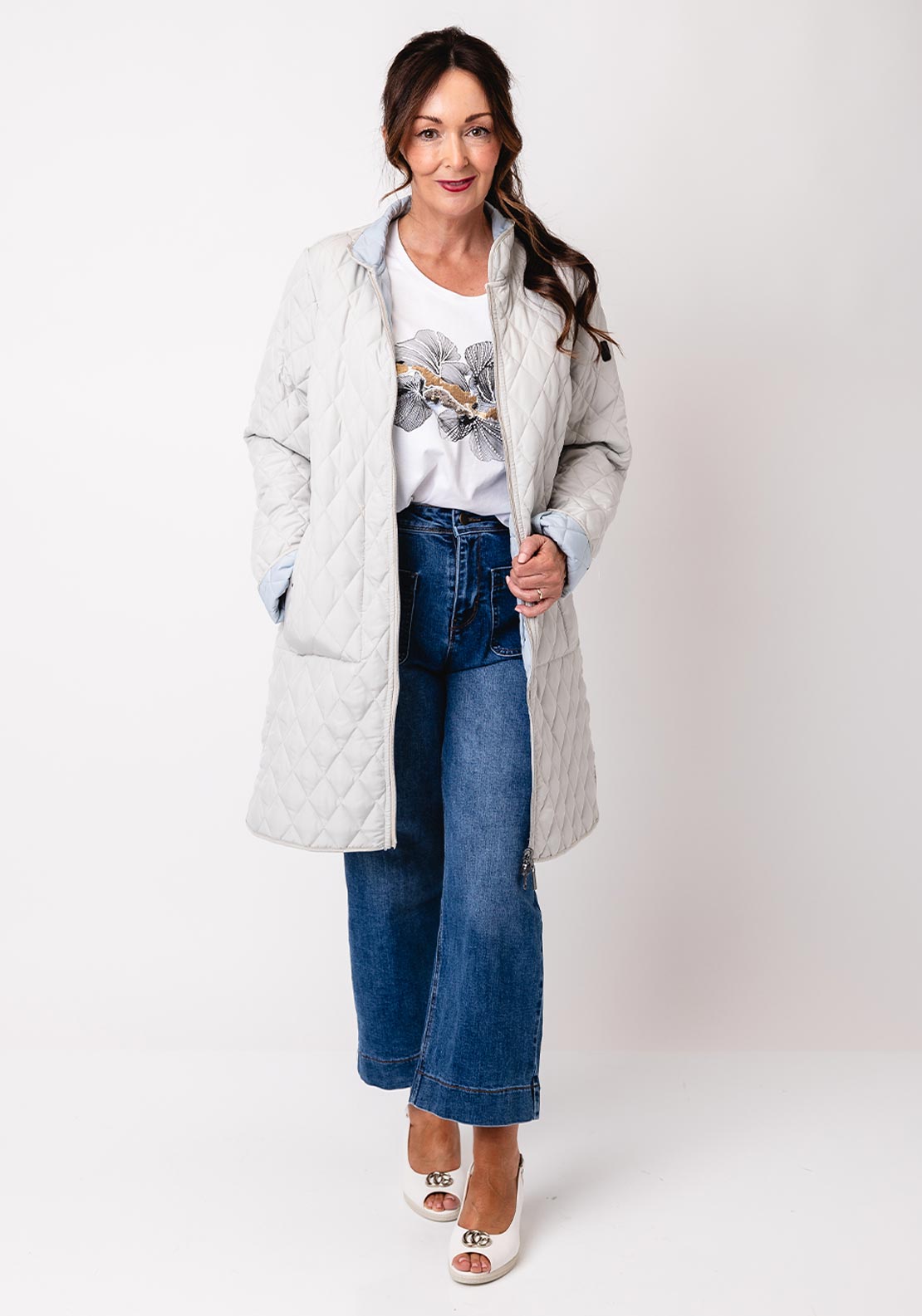 Etage Reversible Quilted Coat, Beige and Blue - McElhinneys
