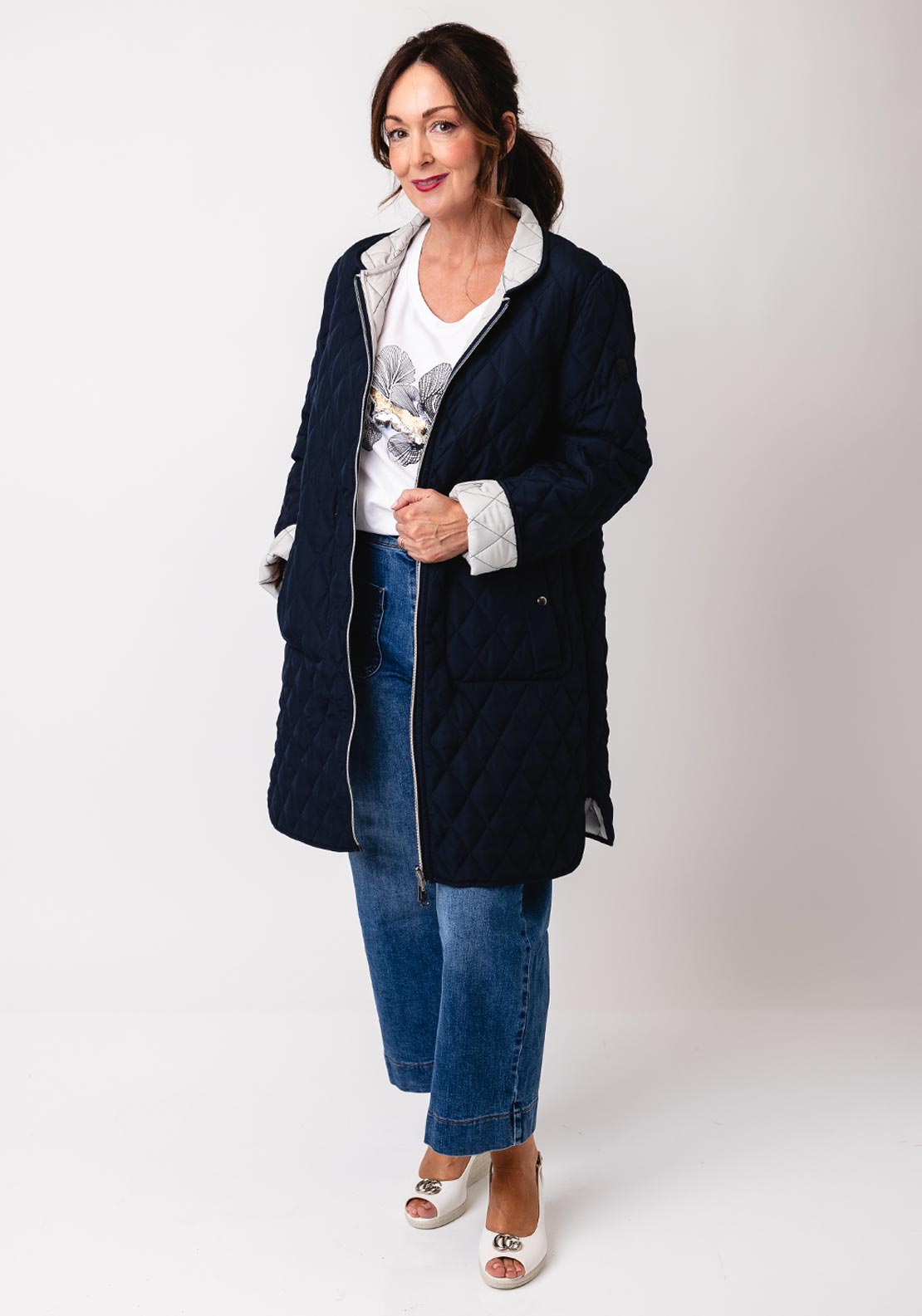 Etage Reversible Quilted Coat, Navy and Beige - McElhinneys