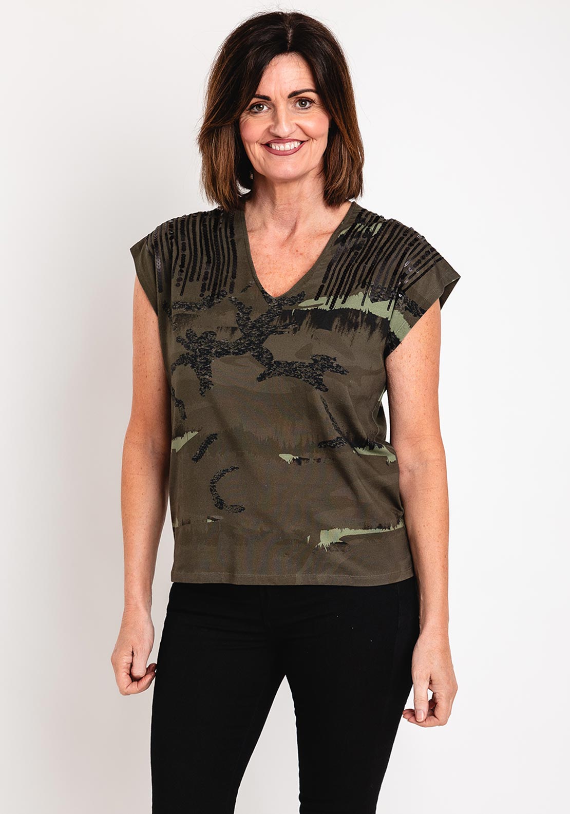 Eva Kayan Camo Print Sequin Detail Top, Khaki - McElhinneys