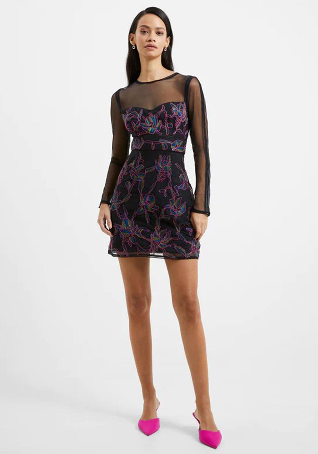 French Connection Emilia Embroidered Mini Dress, Blackout - McElhinneys