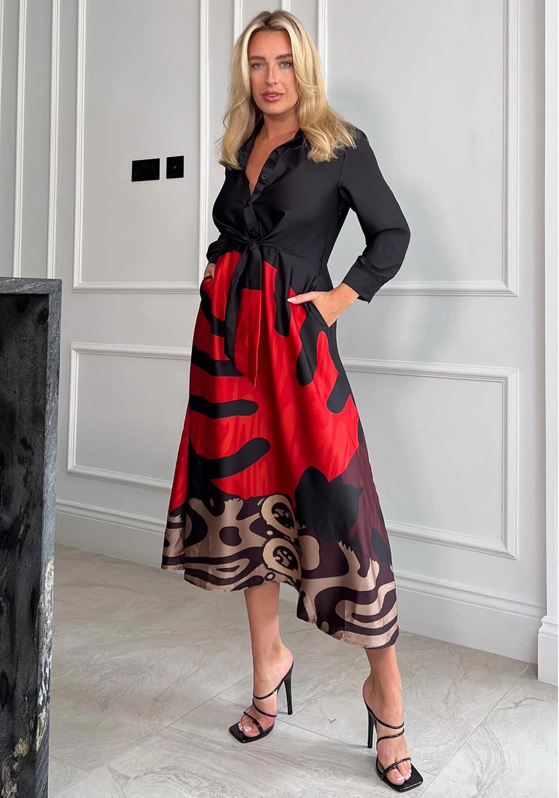 Girl In Mind Isabella Tie Front Shirt Midi Dress, Black Multi - McElhinneys