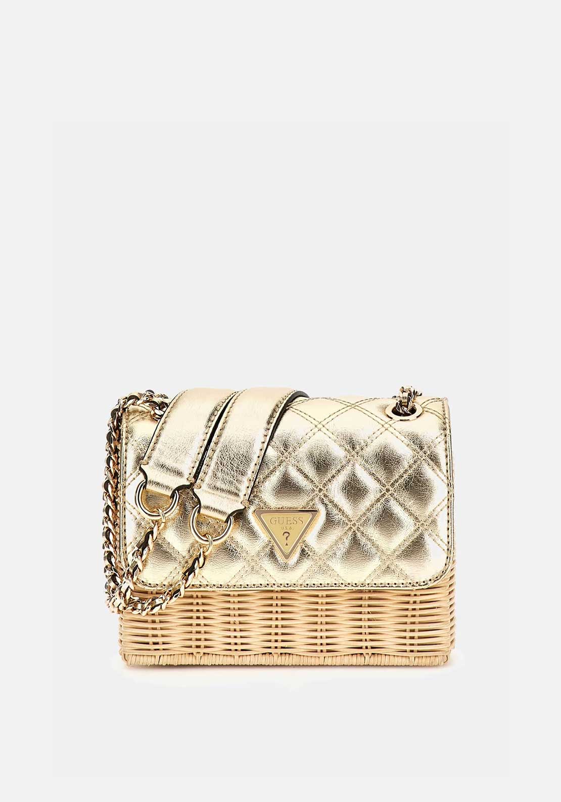 Guess Guilly Quilted Raffia Crossbody Bag, Gold - McElhinneys
