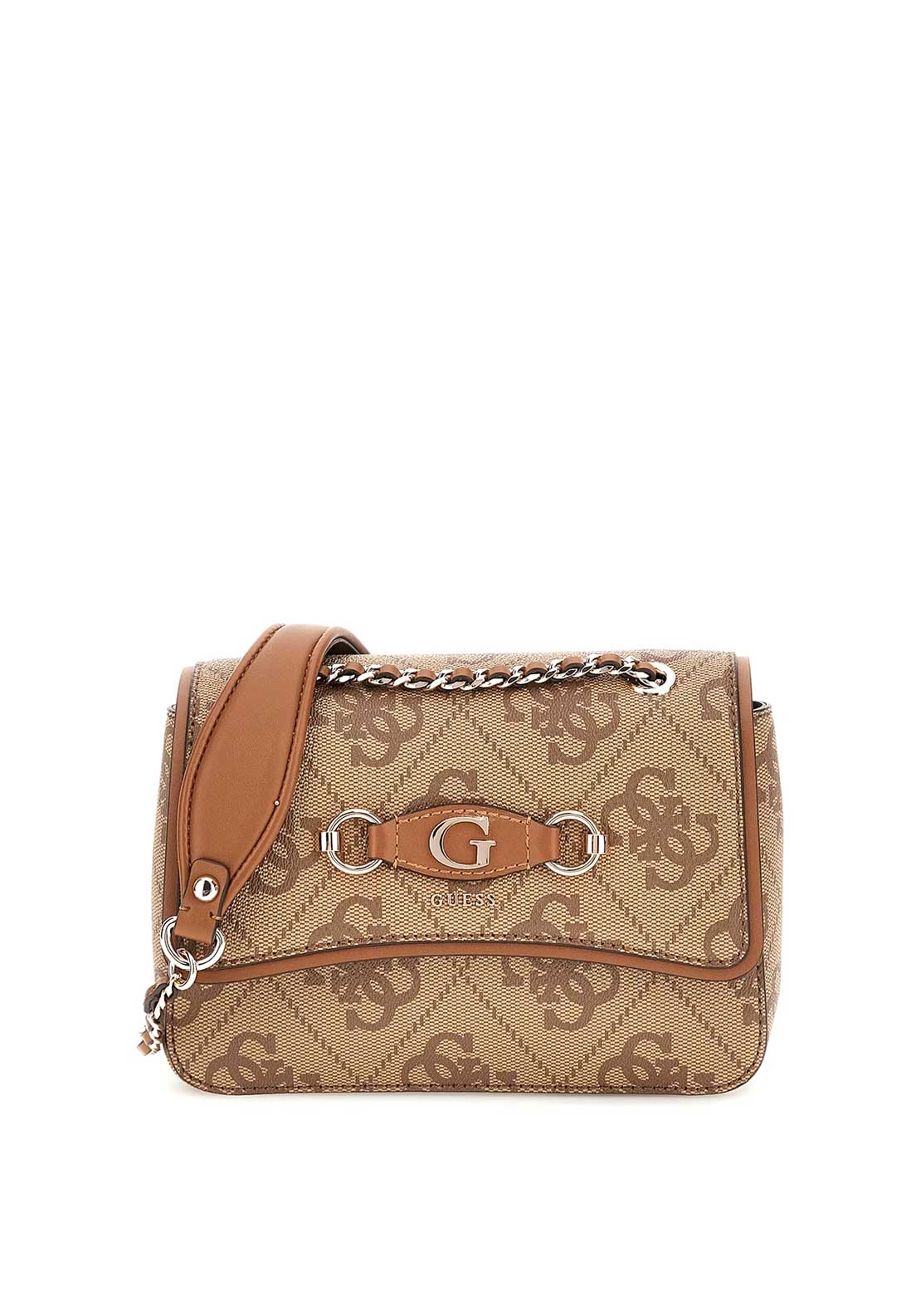 Guess Izzy Logo Print Crossbody Bag, Brown - McElhinneys