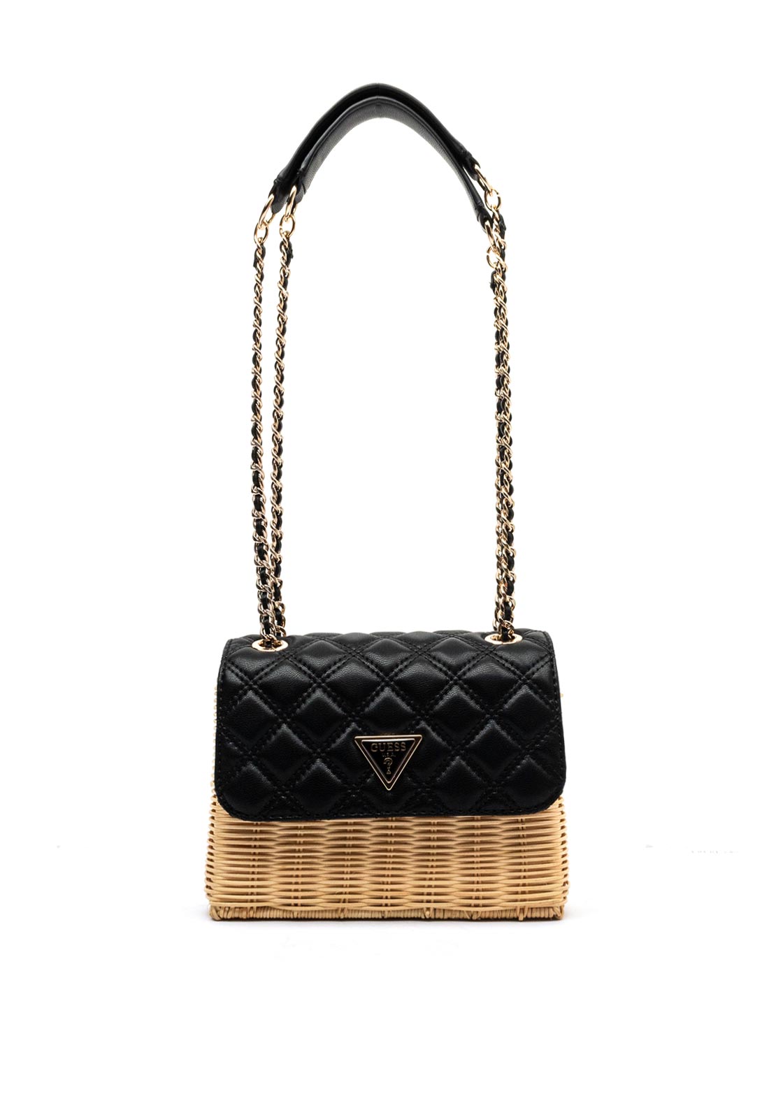 Guess Guilly Quilted Raffia Shoulder Bag, Black - McElhinneys