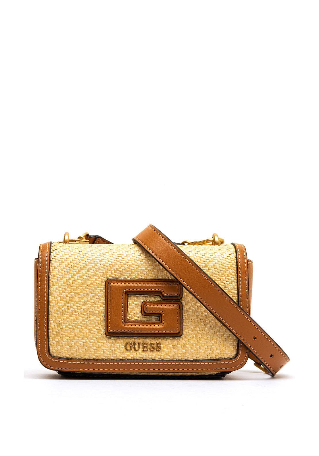 Guess G Status Straw Crossbody Bag, Cognac - McElhinneys