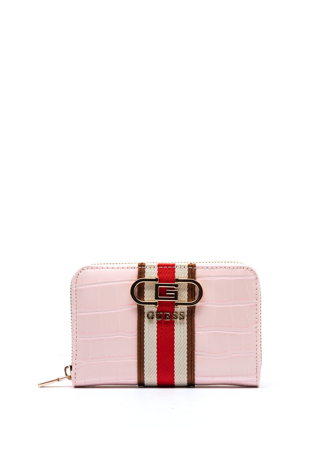 Guess Nelka Front Stripe Medium Zip Around Wallet, Pale Pink - McElhinneys