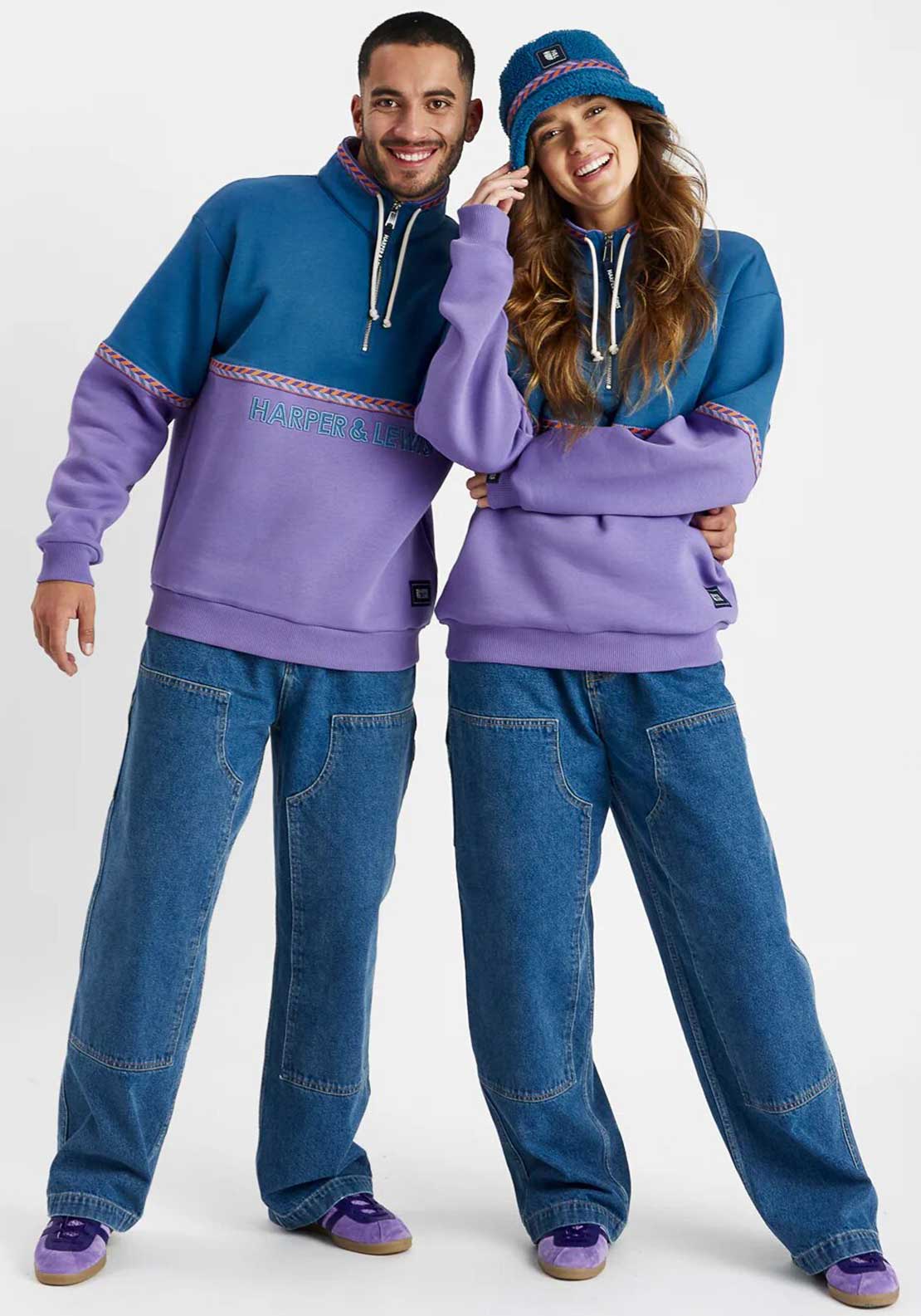 Harper & Sloan Unisex Kit Quarter Zip Sweatshirt, Petrol & Lavender ...