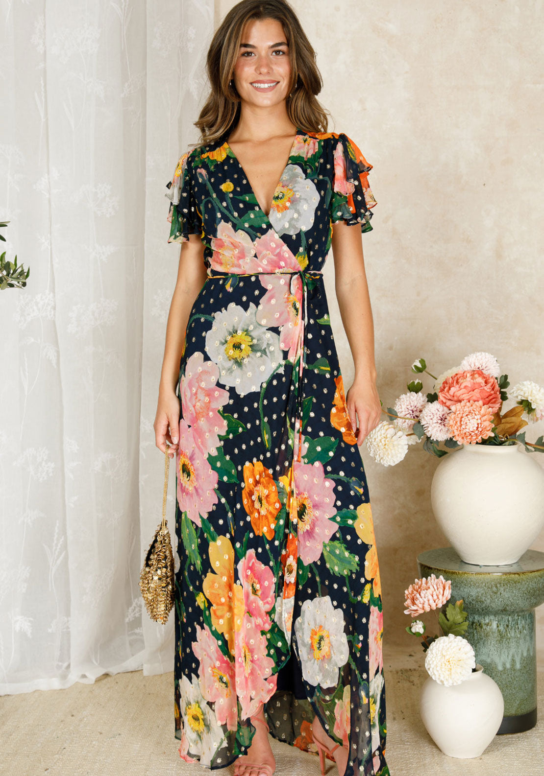 Hope and Ivy Marlene Poppy Wrap Dress, Navy - McElhinneys