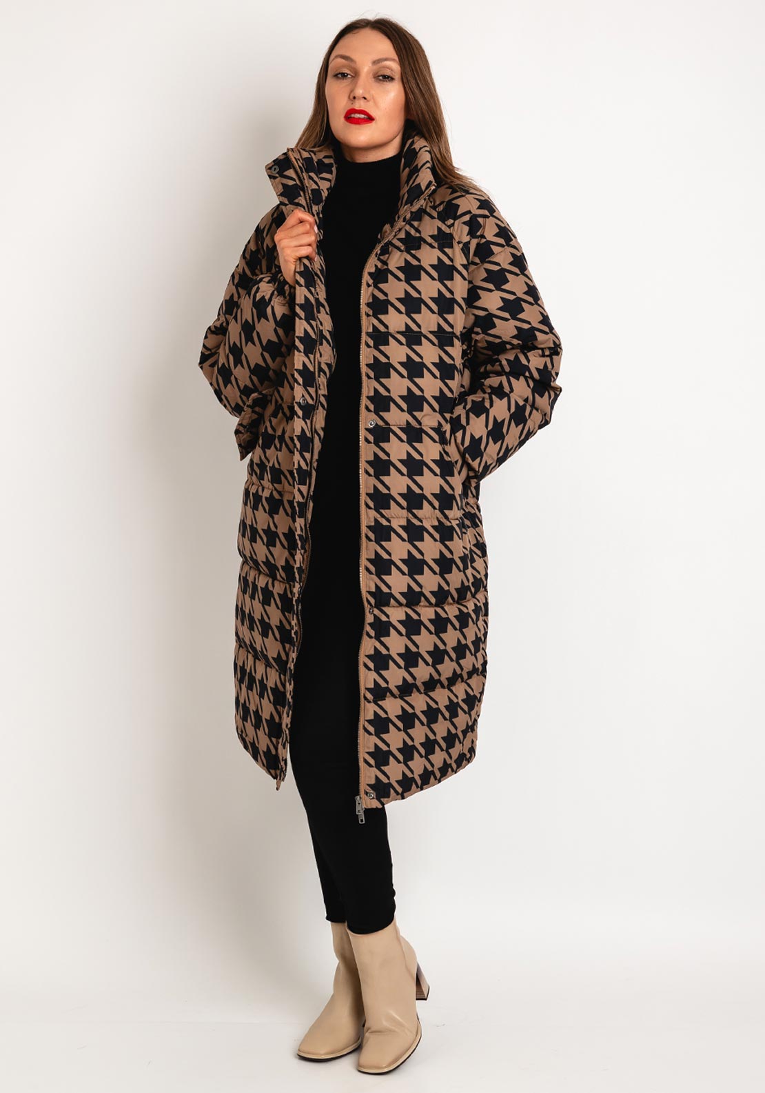 Ichi Houndstooth Quilted Coat, Tan - McElhinneys