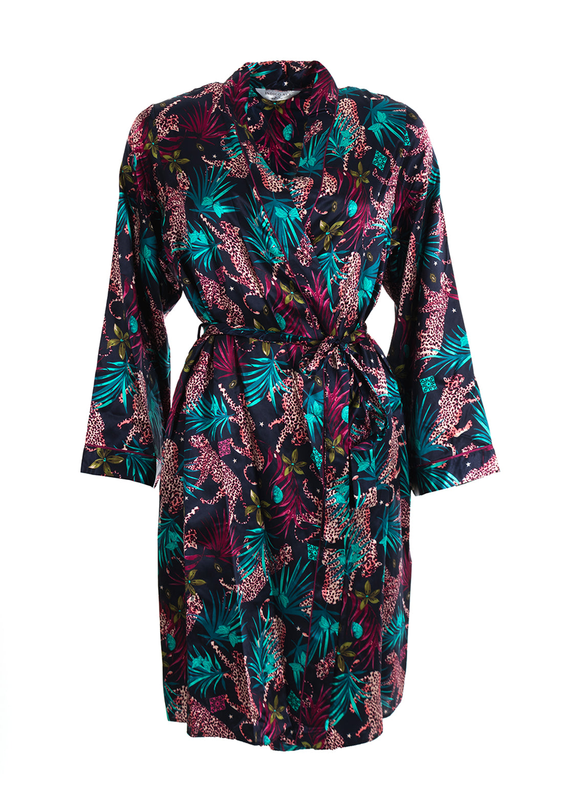 Indigo Sky Jungle Leopard Satin Wrap Around Robe, Navy - McElhinneys