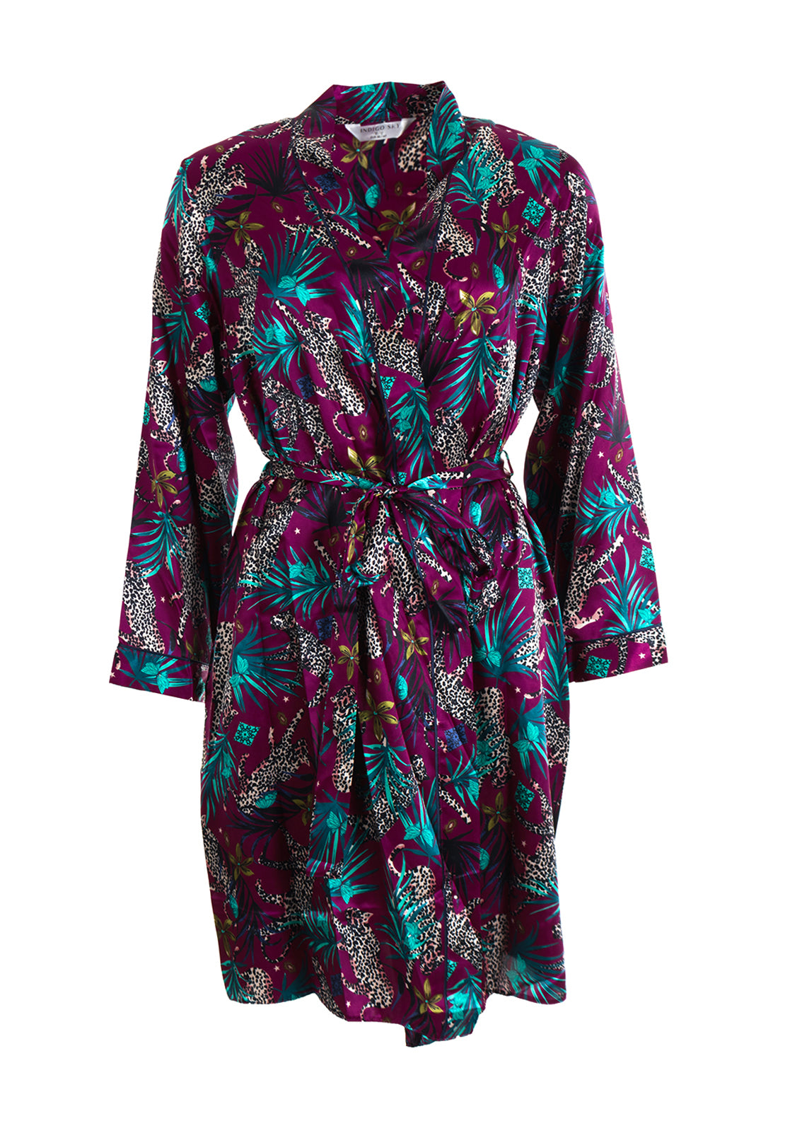 Indigo Sky Jungle Leopard Satin Wrap Around Robe, Raspberry - McElhinneys