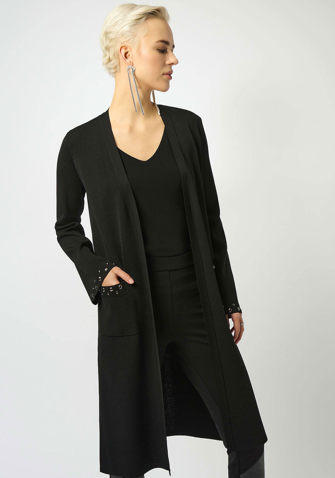 Joseph Ribkoff Knit Stud Trim Long Cardigan, Black - McElhinneys
