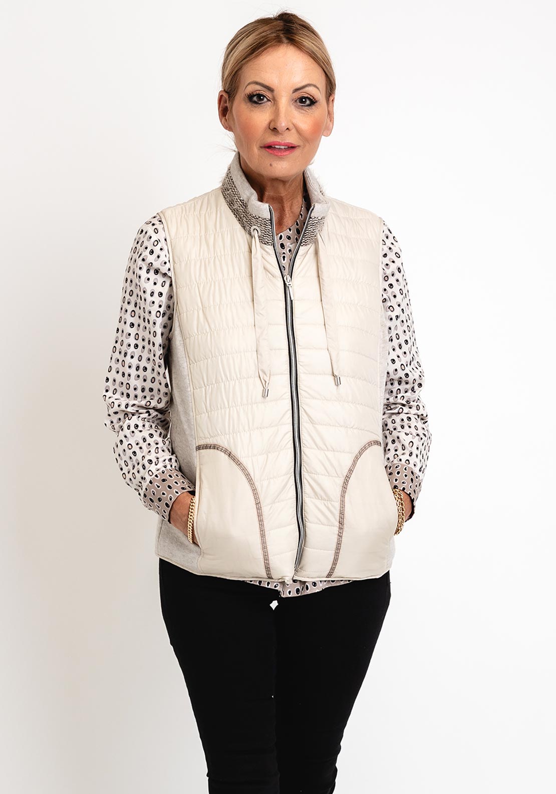 Just White Drawstring Neck Quilted Gilet, Stone - McElhinneys