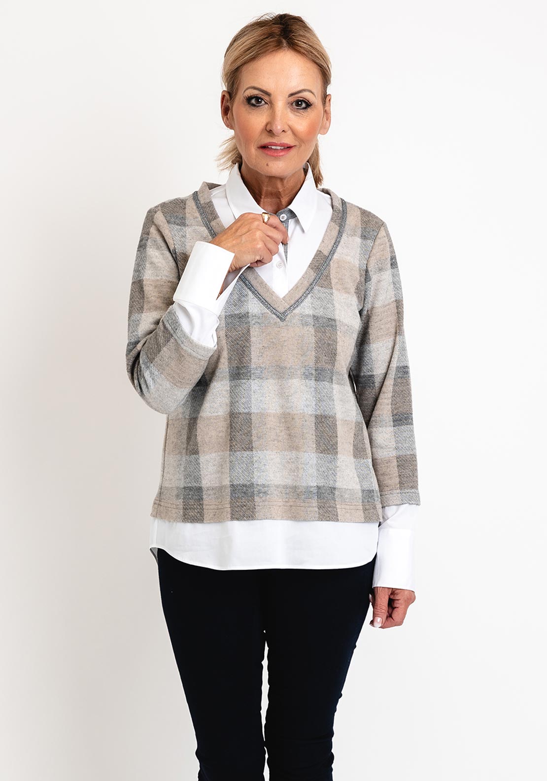 Just White Two in One Check Sweater and Shirt Set, Grey - McElhinneys