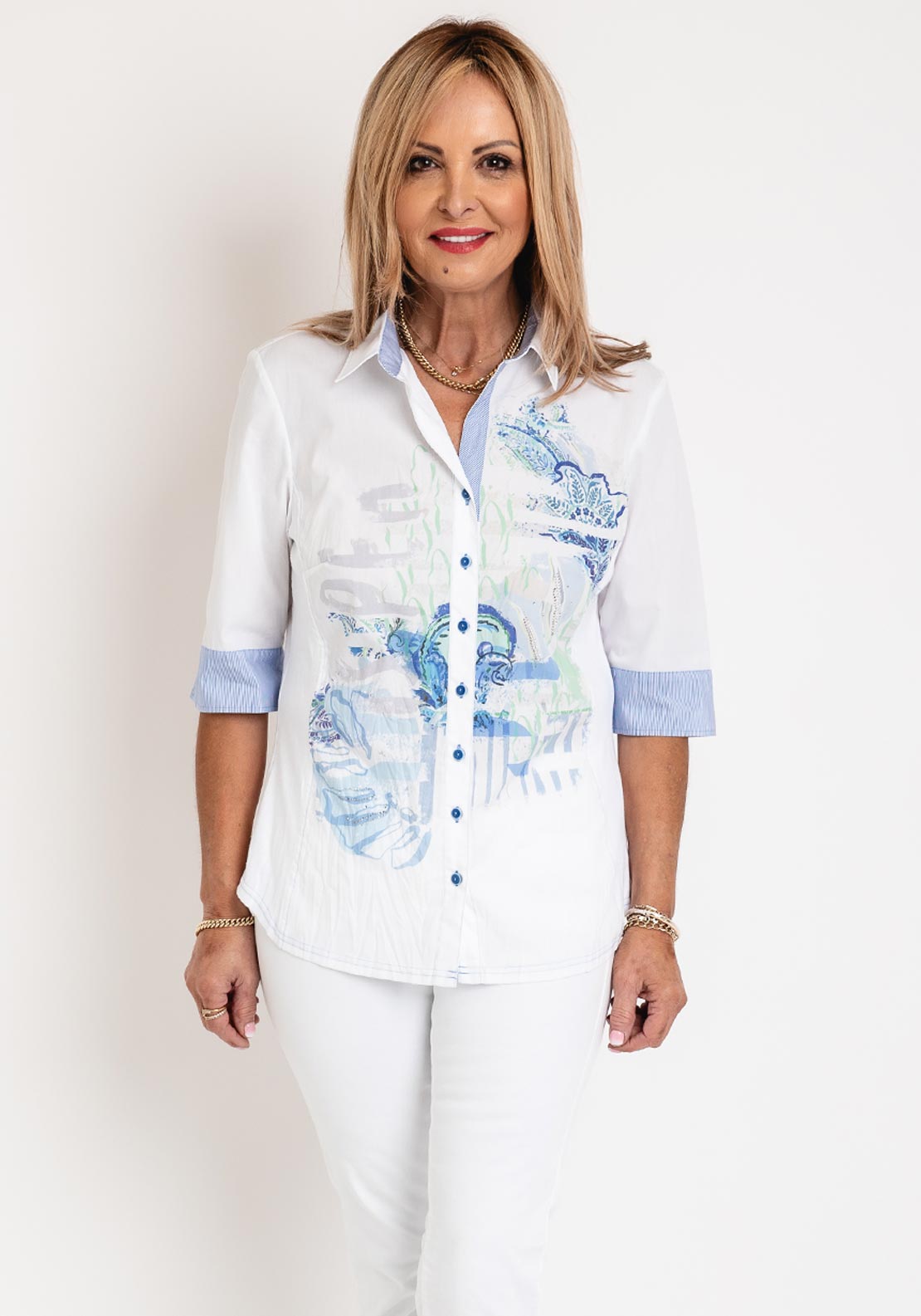 Just White Satin Floral Print Top, Off White - McElhinneys