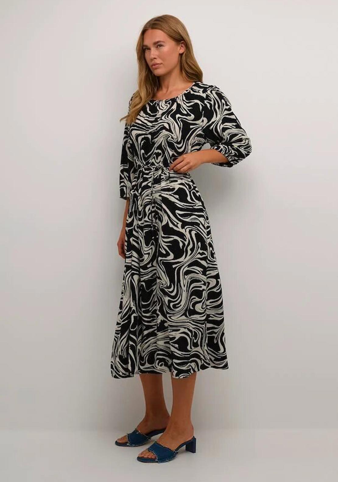 KAFFE Carmen Abstract Zebra Print Midi Dress, Black - McElhinneys