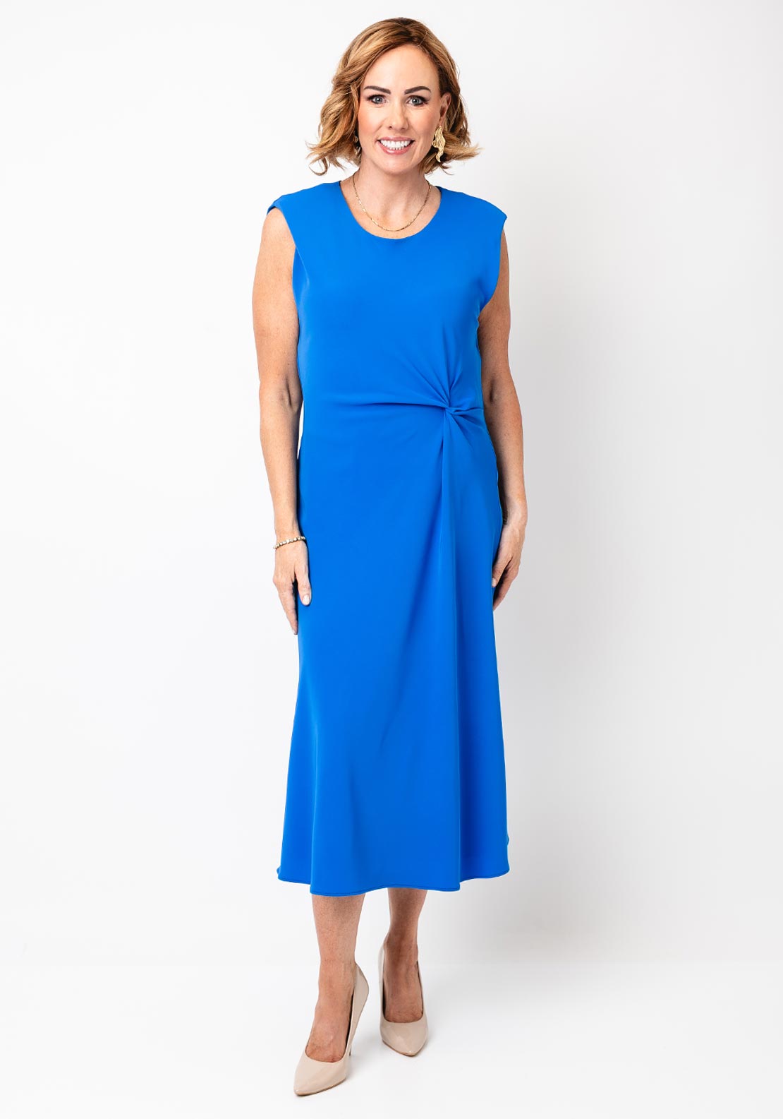 Kate Cooper Gathered Waist Aline Midi Dress, Blue - McElhinneys