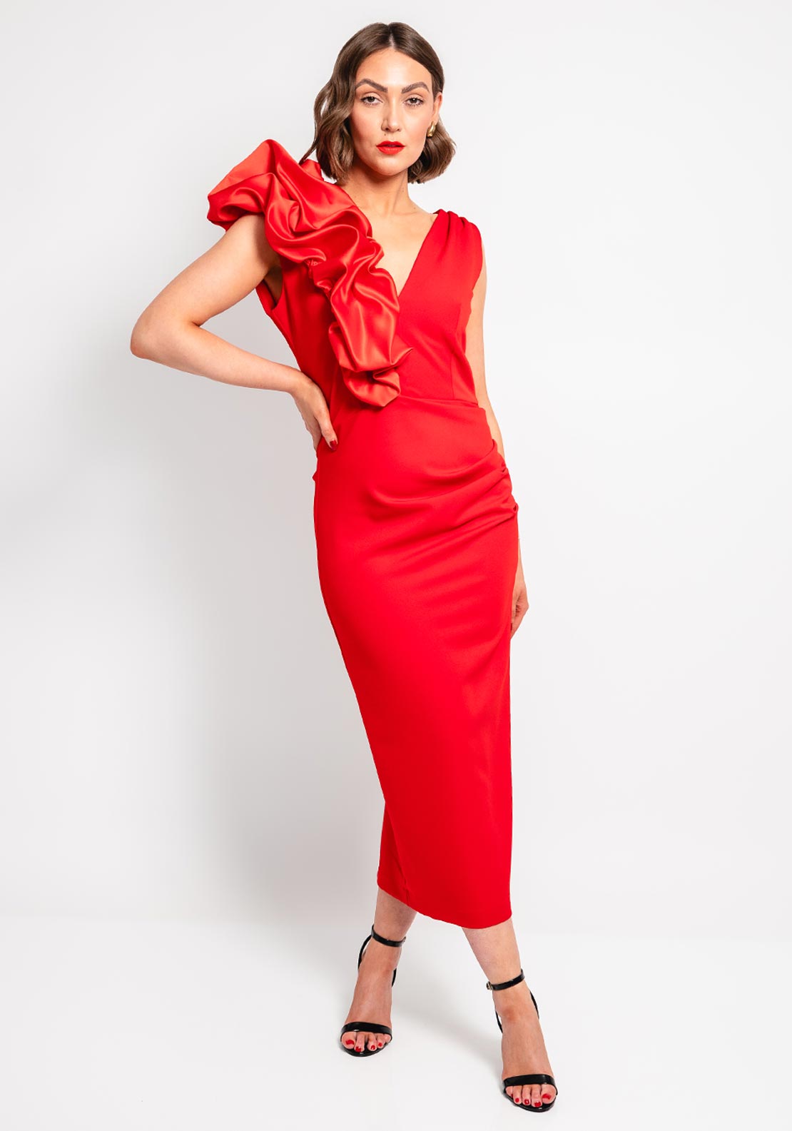 Kevan Jon Bobbie Ruffle Ruched Pencil Dress, Red - McElhinneys