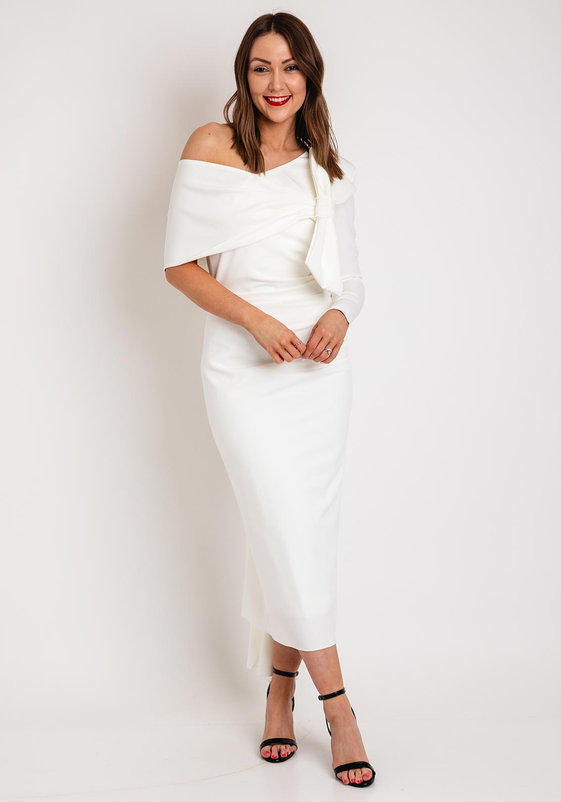 Kevan Jon Carolyn One Shoulder Bow Detail Midi Dress, Ivory - McElhinneys