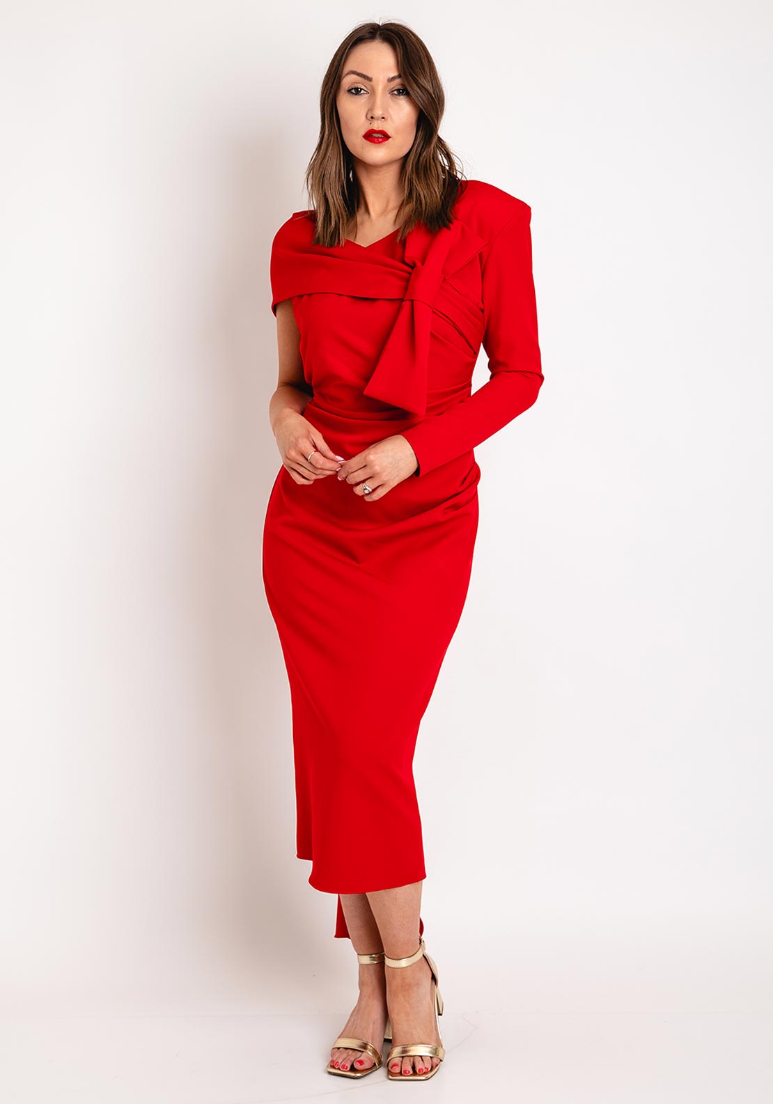 Kevan Jon Carolyn One Shoulder Bow Detail Midi Dress, Red - McElhinneys