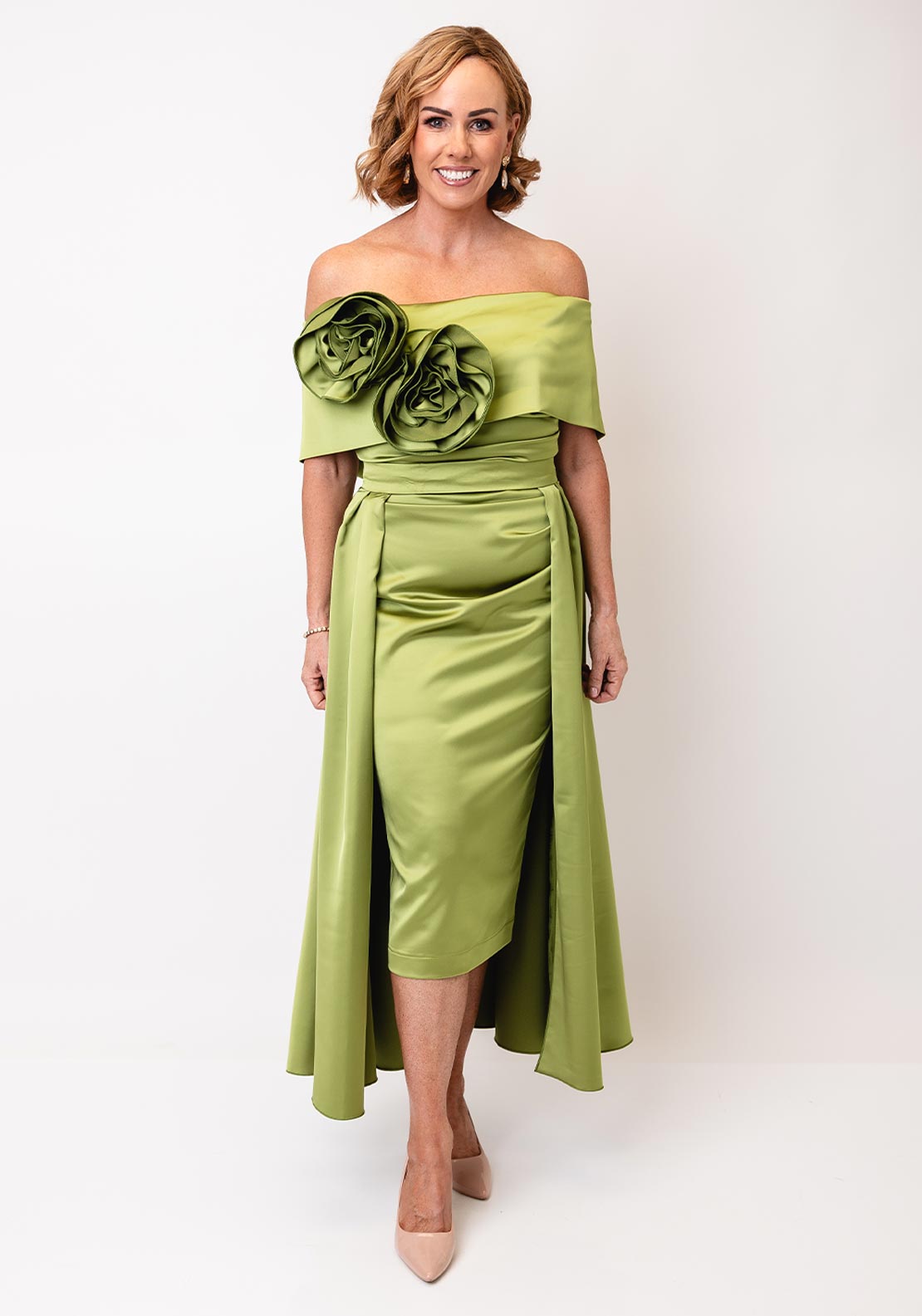 Kevan Jon Emma Corsage Satin Dress, Olive Green - McElhinneys