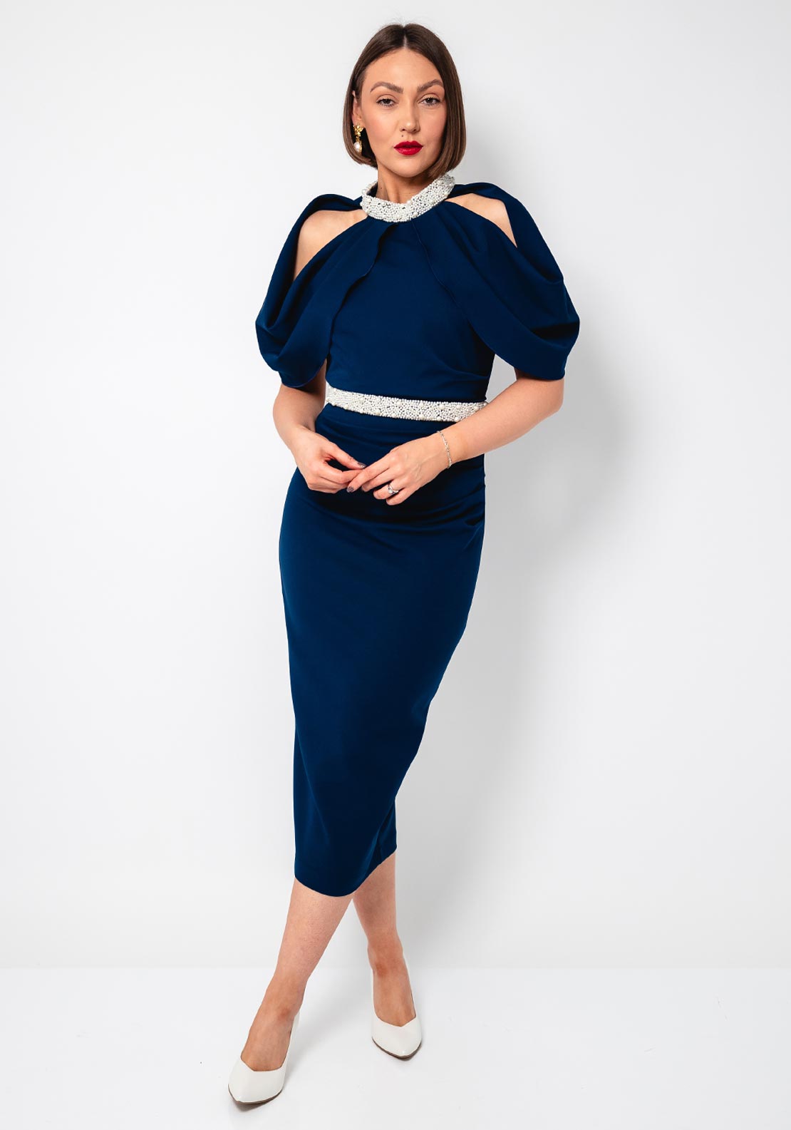 Kevan Jon Jenni Pearl Embellished Pencil Dress, Navy - McElhinneys