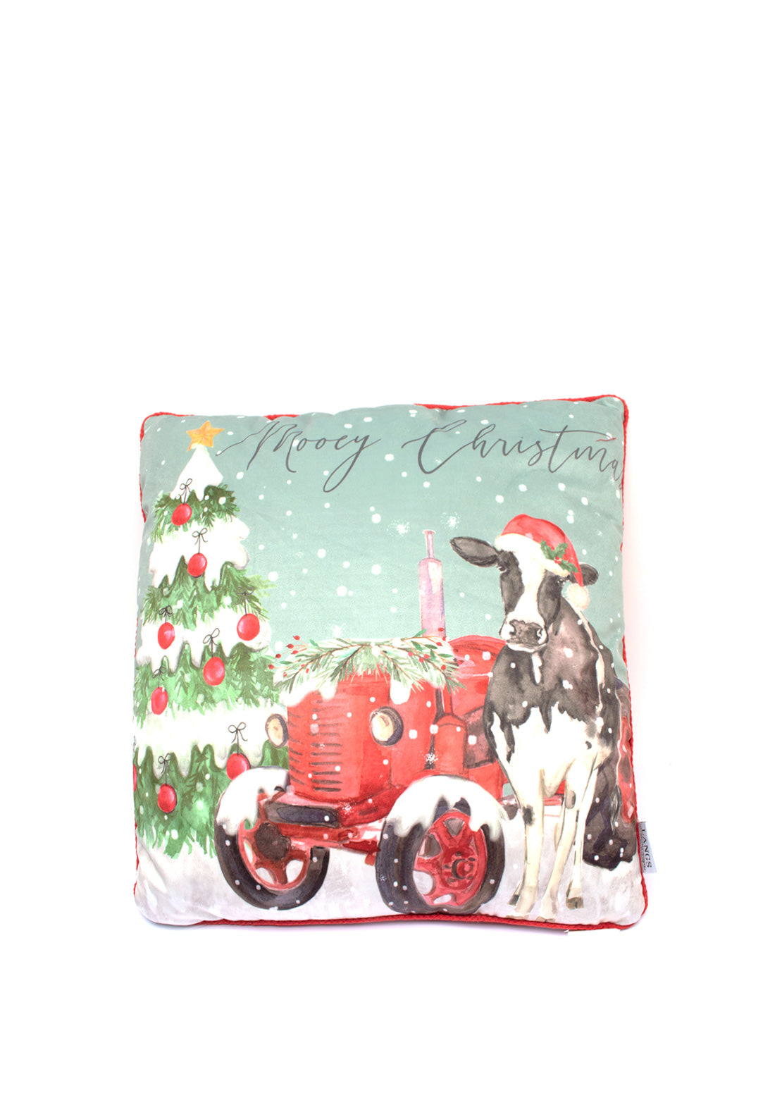 Langs Tractor and Cow Mooey Christmas Cushion, Red Multi - McElhinneys