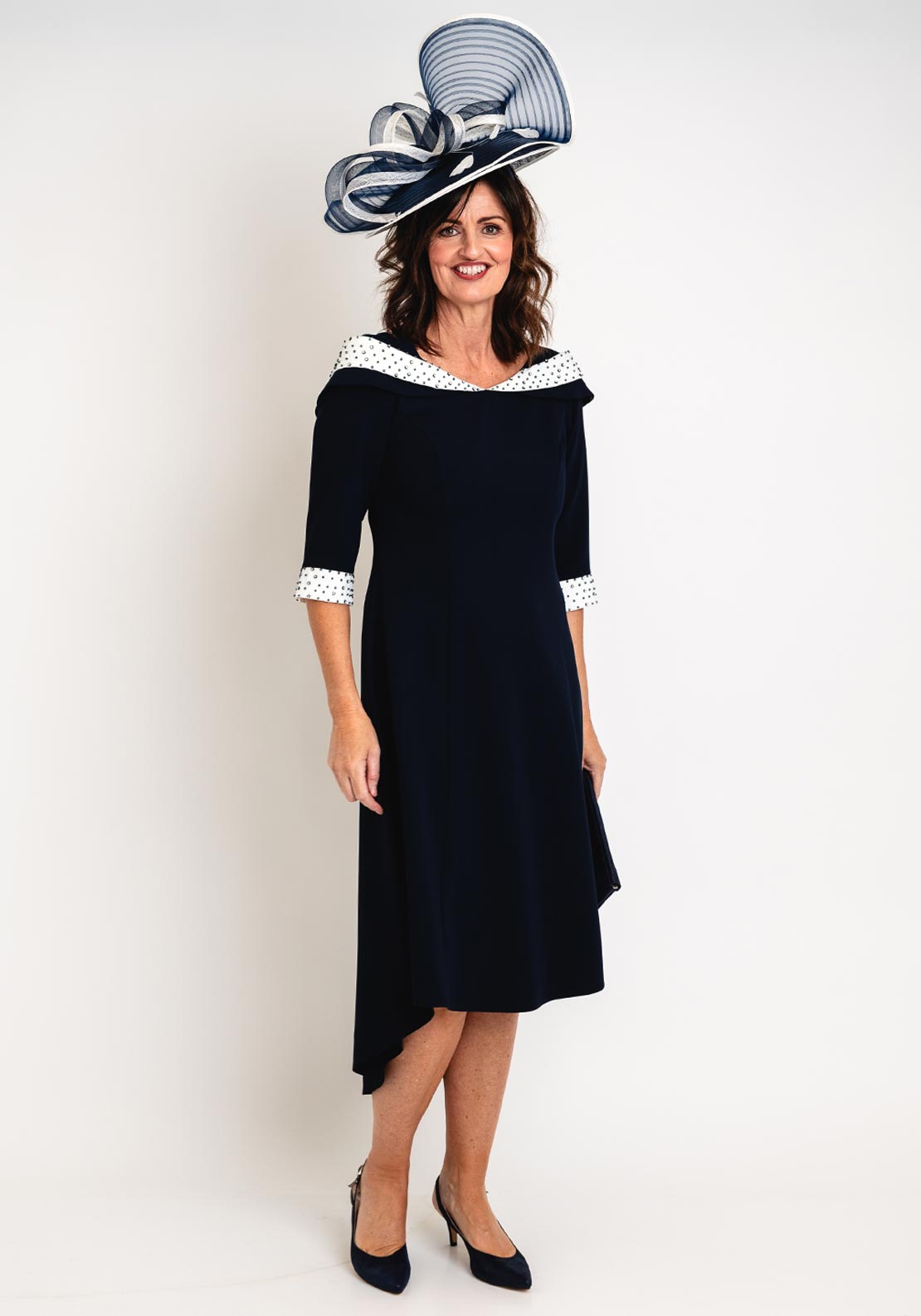 Lizabella Boat Neck Dipped Hem Dress, Navy - McElhinneys