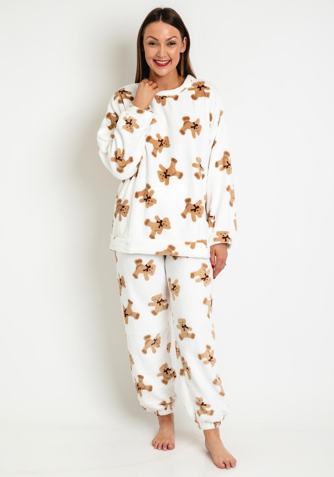 Serafina Collection Teddy Bear Print Cosy Fleece Pyjamas, White ...