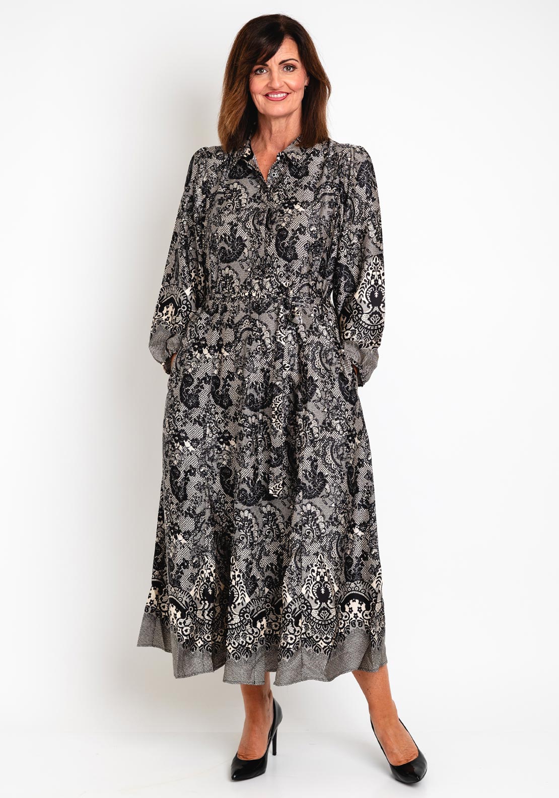 Natalia Collection Lace Print A-line Maxi Dress, Black - McElhinneys