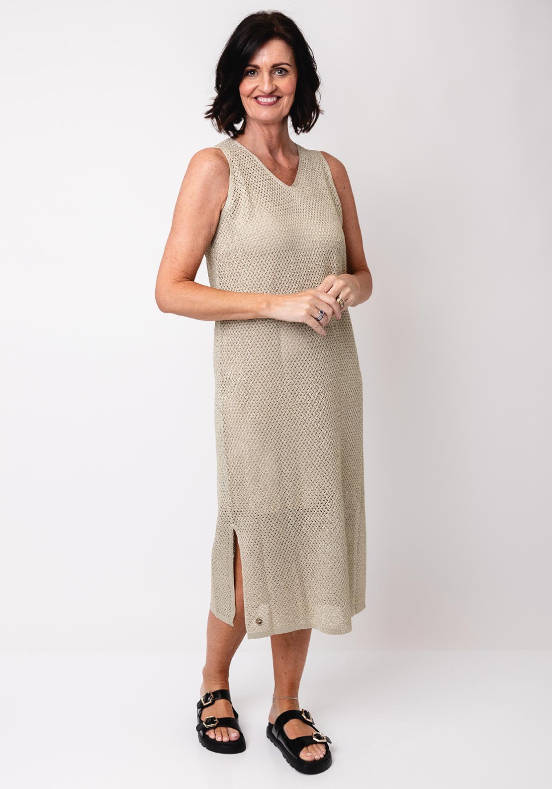 Malissa J One Size Metallic Crochet Knit Dress, Gold - McElhinneys