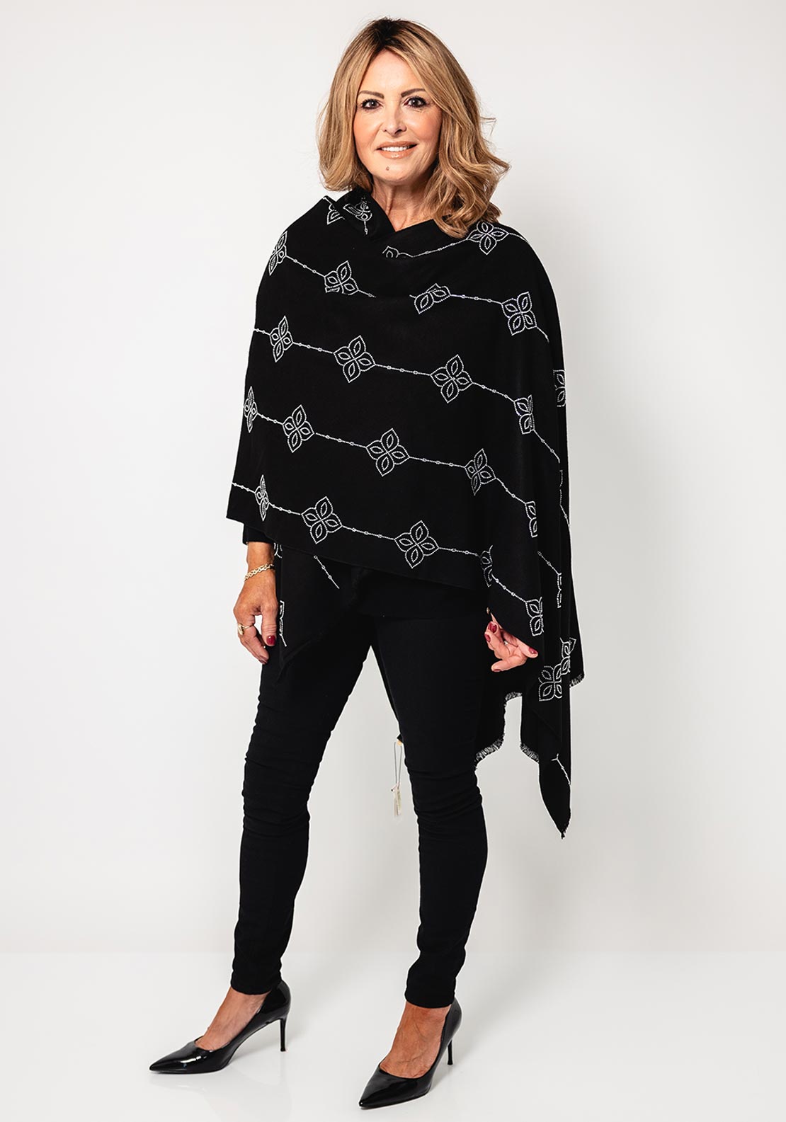 Malissa J Diamante Flower One Size Cape, Black - McElhinneys