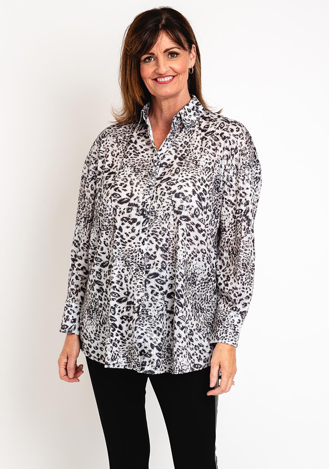 Malissa J One Size Leopard Print Sequin Long Shirt, Grey - McElhinneys