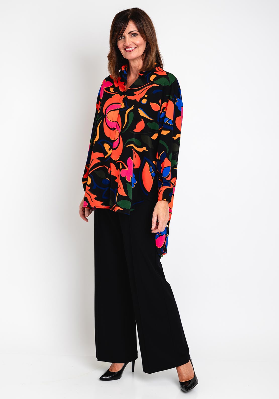 Natalia Collection One Size Bold Print Longline Blouse, Black - McElhinneys